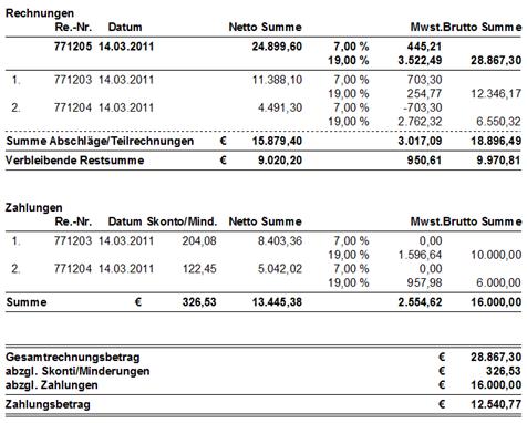 Abzug von Teilrechnungen